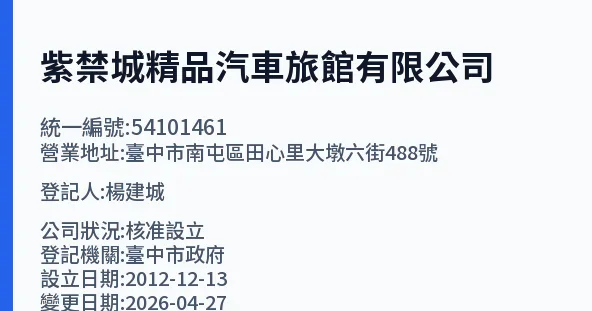 紫禁城精品汽車旅館有限公司的照片-統編 54101461(臺中市) 公司登記資料與營業項目詳細圖表