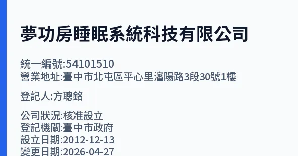 夢功房睡眠系統科技有限公司的照片-統編 54101510(臺中市) 公司登記資料與營業項目詳細圖表