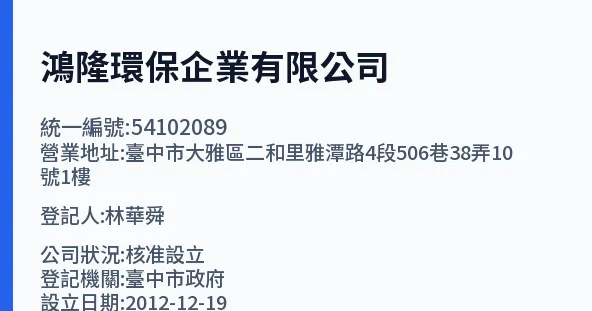 鴻隆環保企業有限公司的照片-統編 54102089(臺中市) 公司登記資料與營業項目詳細圖表