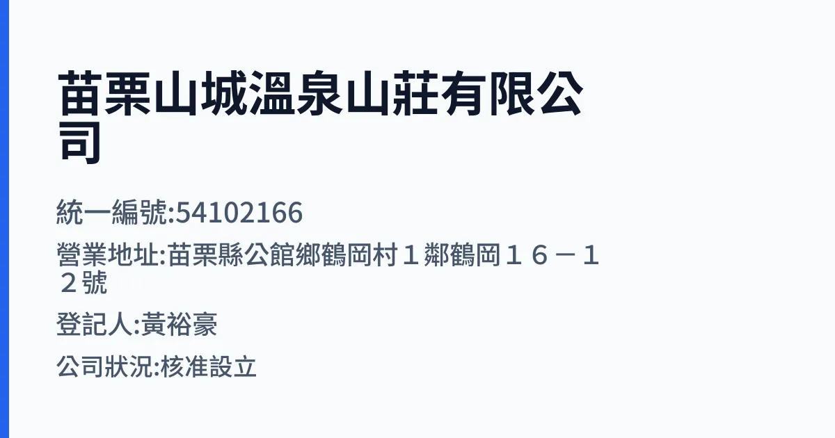 苗栗山城溫泉山莊有限公司 - 統編 54102166(苗栗縣) 公司登記資料與營業項目詳細圖表