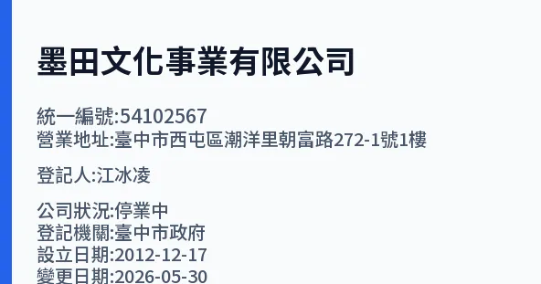 墨田文化事業有限公司的照片-統編 54102567(臺中市) 公司登記資料與營業項目詳細圖表