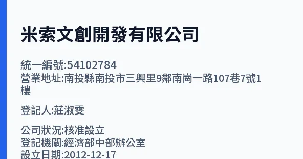 米索文創開發有限公司的照片-統編 54102784(南投縣) 公司登記資料與營業項目詳細圖表