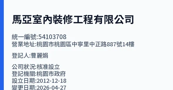 馬亞室內裝修工程有限公司的照片-統編 54103708(桃園市) 公司登記資料與營業項目詳細圖表