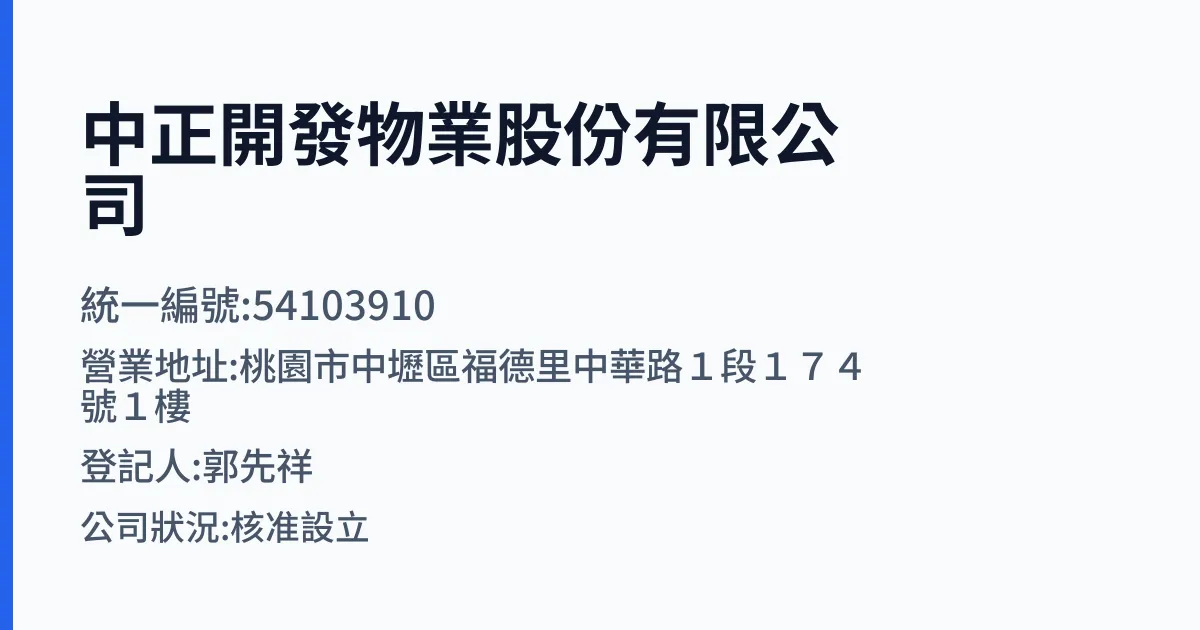 中正開發物業股份有限公司 - 統編 54103910(桃園市) 公司登記資料與營業項目詳細圖表