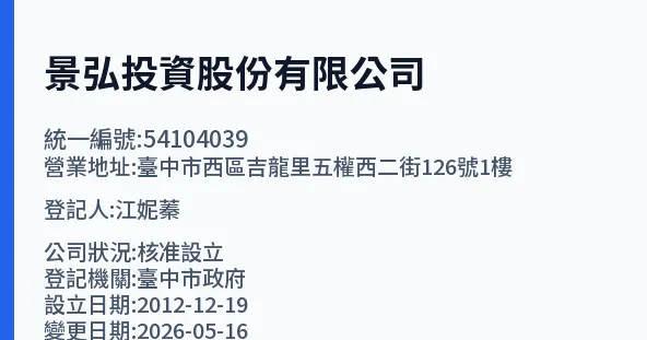 景弘投資股份有限公司的照片-統編 54104039(臺中市) 公司登記資料與營業項目詳細圖表
