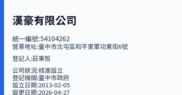 漢豪有限公司的照片-統編 54104262(臺中市) 公司登記資料與營業項目詳細圖表