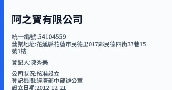 阿之寶有限公司的照片-統編 54104559(花蓮縣) 公司登記資料與營業項目詳細圖表