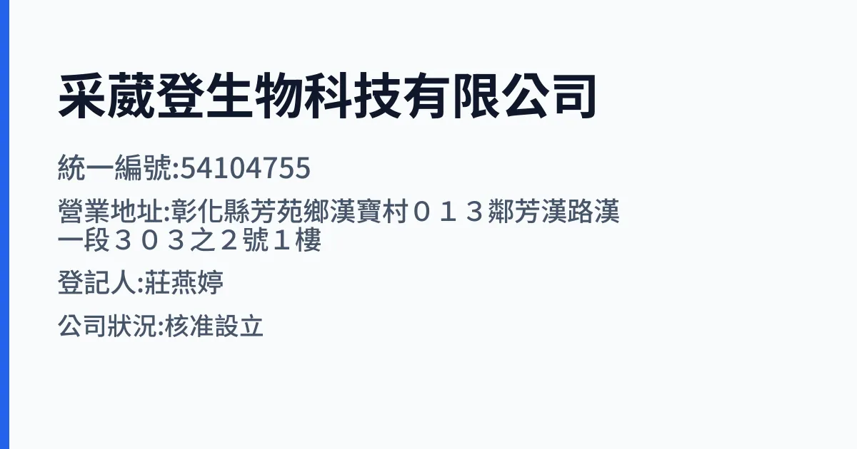 采葳登生物科技有限公司 - 統編 54104755(彰化縣) 公司登記資料與營業項目詳細圖表