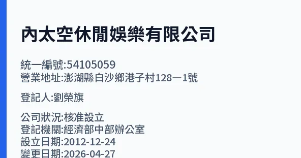 內太空休閒娛樂有限公司的照片-統編 54105059(澎湖縣) 公司登記資料與營業項目詳細圖表