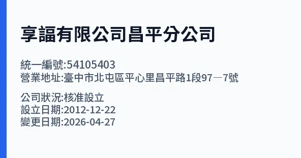 享諨有限公司昌平分公司的照片-統編 54105403(臺中市) 公司登記資料與營業項目詳細圖表