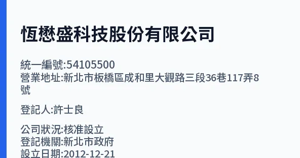 恆懋盛科技股份有限公司的照片-統編 54105500(新北市) 公司登記資料與營業項目詳細圖表