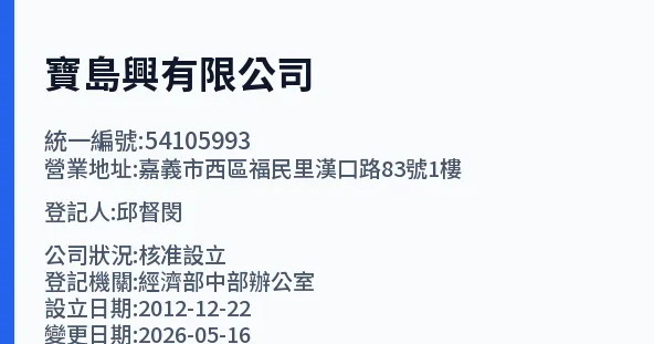 寶島興有限公司的照片-統編 54105993(嘉義市) 公司登記資料與營業項目詳細圖表