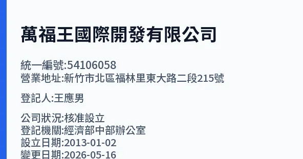 萬福王國際開發有限公司的照片-統編 54106058(新竹市) 公司登記資料與營業項目詳細圖表