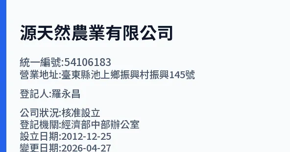 源天然農業有限公司的照片-統編 54106183(臺東縣) 公司登記資料與營業項目詳細圖表