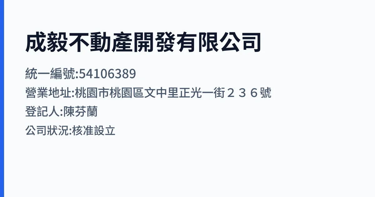 成毅不動產開發有限公司 - 統編 54106389(桃園市) 公司登記資料與營業項目詳細圖表