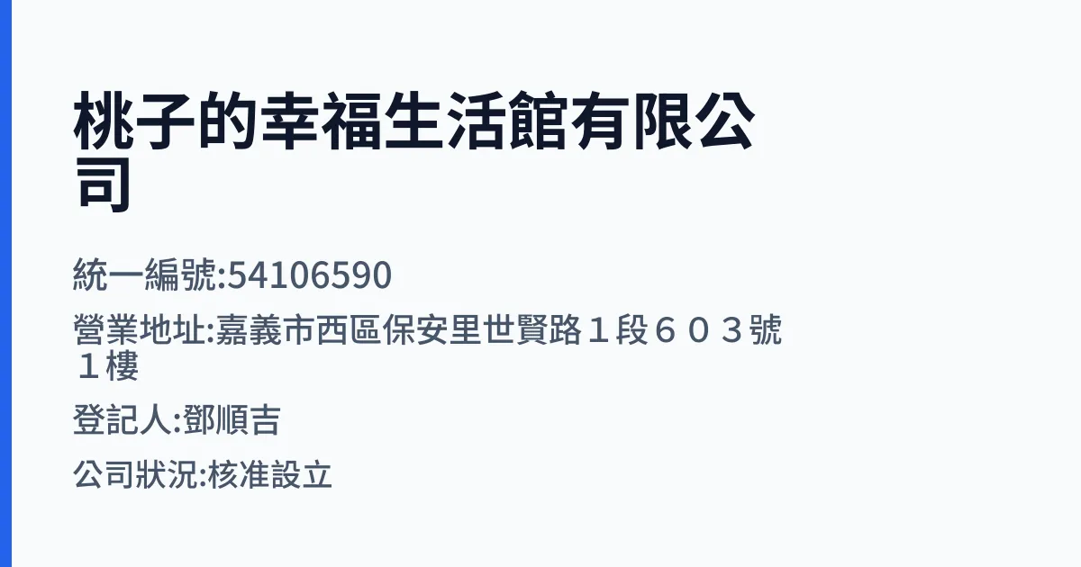 桃子的幸福生活館有限公司 - 統編 54106590(嘉義市) 公司登記資料與營業項目詳細圖表