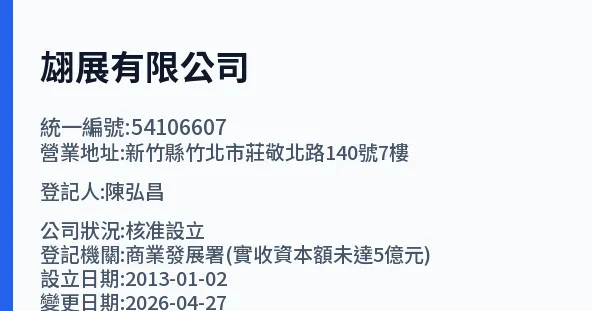 翃展有限公司的照片-統編 54106607(新竹縣) 公司登記資料與營業項目詳細圖表