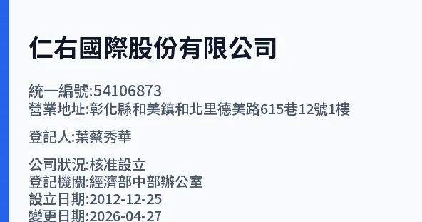仁右國際股份有限公司的照片-統編 54106873(彰化縣) 公司登記資料與營業項目詳細圖表