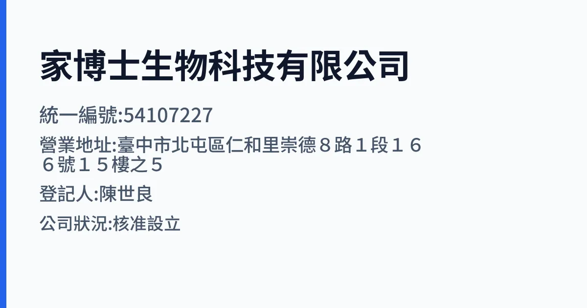 家博士生物科技有限公司 - 統編 54107227(臺中市) 公司登記資料與營業項目詳細圖表