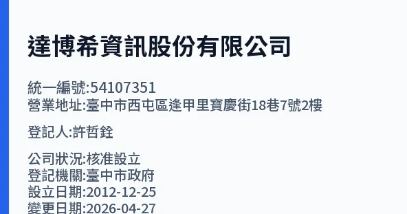 達博希資訊股份有限公司的照片-統編 54107351(臺中市) 公司登記資料與營業項目詳細圖表