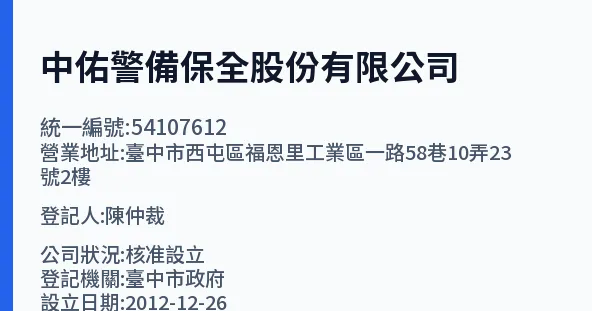 中佑警備保全股份有限公司的照片-統編 54107612(臺中市) 公司登記資料與營業項目詳細圖表