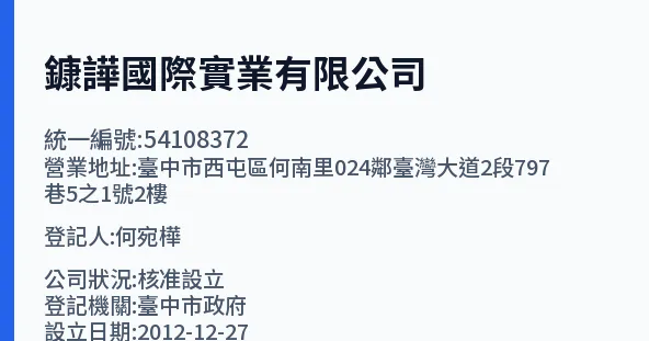 鏮譁國際實業有限公司的照片-統編 54108372(臺中市) 公司登記資料與營業項目詳細圖表