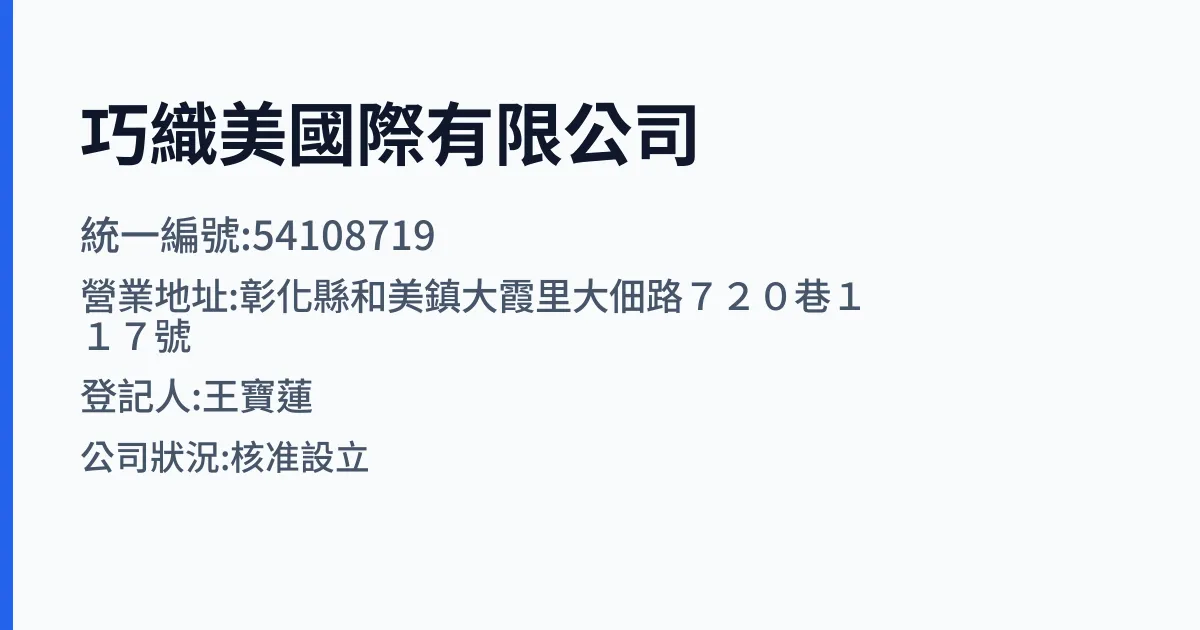 巧織美國際有限公司 - 統編 54108719(彰化縣) 公司登記資料與營業項目詳細圖表