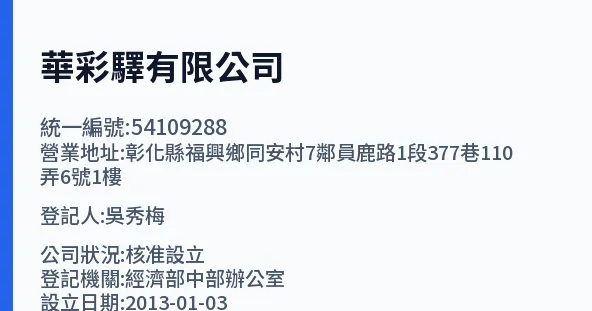 華彩驛有限公司的照片-統編 54109288(彰化縣) 公司登記資料與營業項目詳細圖表