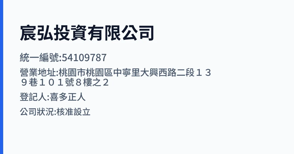 宸弘投資有限公司 - 統編 54109787(桃園市) 公司登記資料與營業項目詳細圖表
