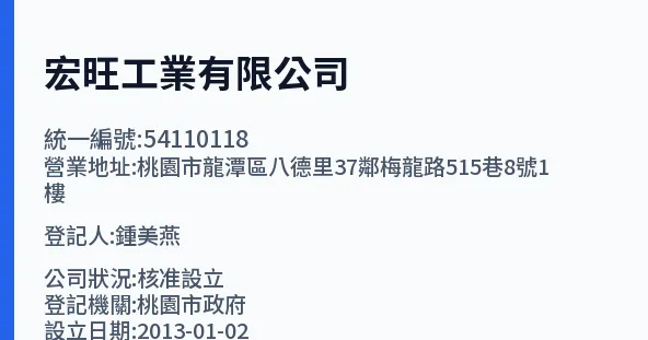 宏旺工業有限公司的照片-統編 54110118(桃園市) 公司登記資料與營業項目詳細圖表