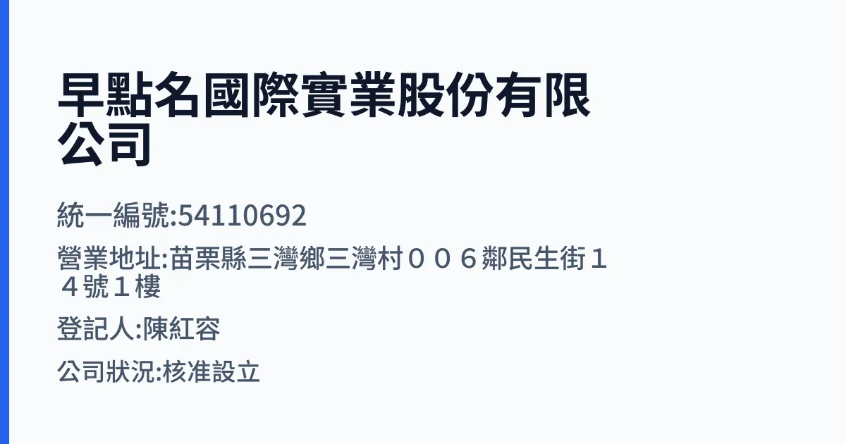 早點名國際實業股份有限公司 - 統編 54110692（苗栗縣） 公司登記資料與營業項目詳細圖表