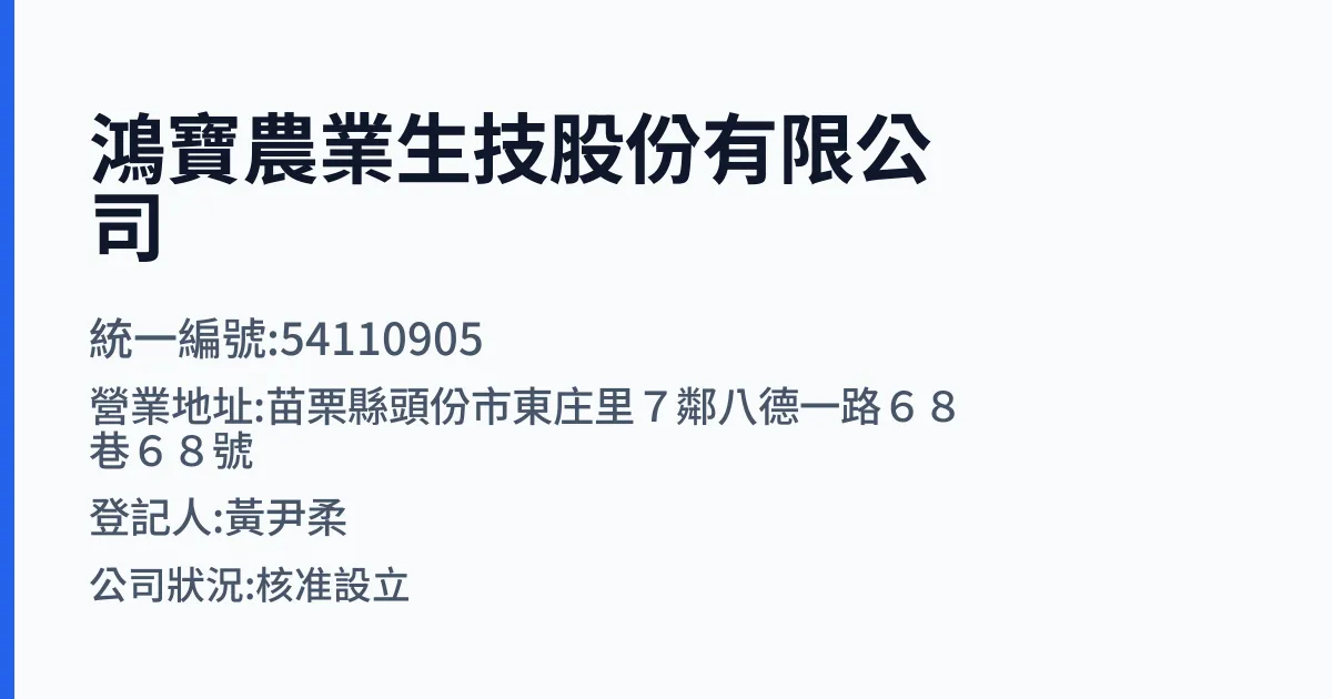 鴻寶農業生技股份有限公司 - 統編 54110905(苗栗縣) 公司登記資料與營業項目詳細圖表