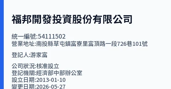福邦開發投資股份有限公司的照片-統編 54111502(南投縣) 公司登記資料與營業項目詳細圖表