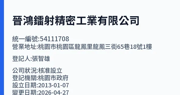 晉鴻鐳射精密工業有限公司的照片-統編 54111708(桃園市) 公司登記資料與營業項目詳細圖表