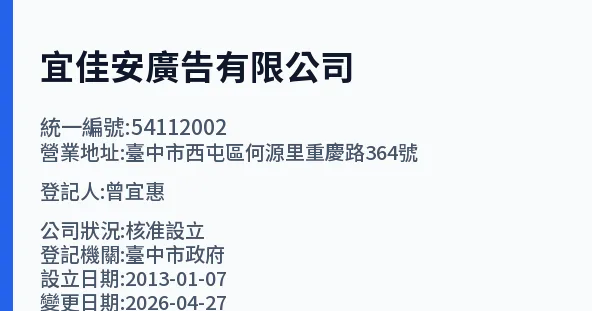 宜佳安廣告有限公司的照片-統編 54112002(臺中市) 公司登記資料與營業項目詳細圖表