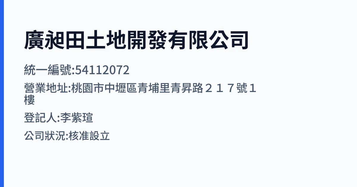 廣昶田土地開發有限公司 - 統編 54112072(桃園市) 公司登記資料與營業項目詳細圖表