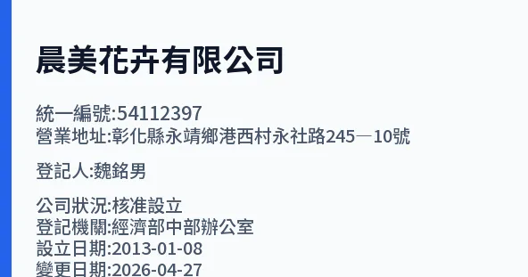 晨美花卉有限公司的照片-統編 54112397(彰化縣) 公司登記資料與營業項目詳細圖表