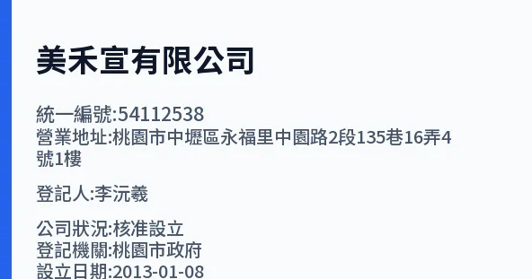 美禾宣有限公司的照片-統編 54112538(桃園市) 公司登記資料與營業項目詳細圖表