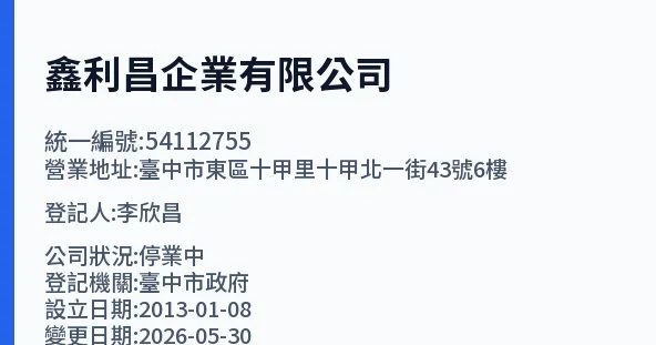 鑫利昌企業有限公司的照片-統編 54112755(臺中市) 公司登記資料與營業項目詳細圖表