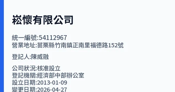 崧懷有限公司的照片-統編 54112967(苗栗縣) 公司登記資料與營業項目詳細圖表