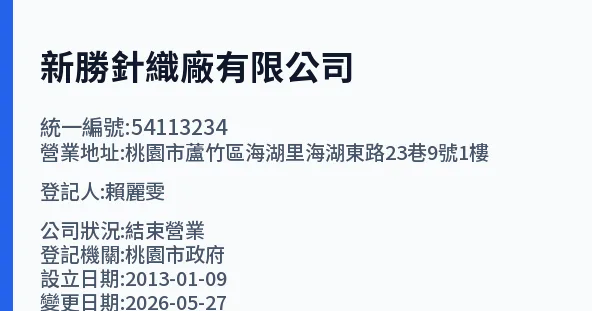 新勝針織廠有限公司的照片-統編 54113234(桃園市) 公司登記資料與營業項目詳細圖表