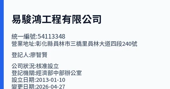 易駿鴻工程有限公司的照片-統編 54113348(彰化縣) 公司登記資料與營業項目詳細圖表