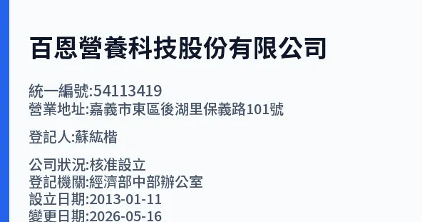 百恩營養科技股份有限公司的照片-統編 54113419(嘉義市) 公司登記資料與營業項目詳細圖表