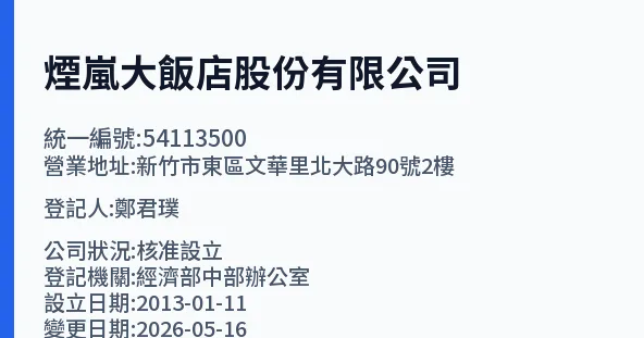 煙嵐大飯店股份有限公司的照片-統編 54113500(新竹市) 公司登記資料與營業項目詳細圖表