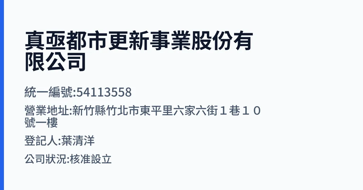 真亟都市更新事業股份有限公司 - 統編 54113558(新竹縣) 公司登記資料與營業項目詳細圖表