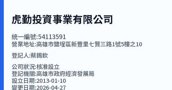 虎勤投資事業有限公司的照片-統編 54113591(高雄市) 公司登記資料與營業項目詳細圖表