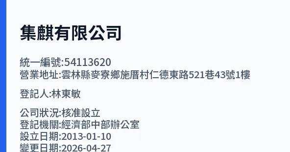集麒有限公司的照片-統編 54113620(雲林縣) 公司登記資料與營業項目詳細圖表