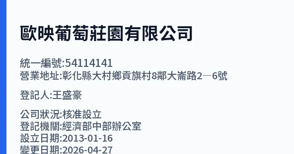 歐映葡萄莊園有限公司的照片-統編 54114141(彰化縣) 公司登記資料與營業項目詳細圖表