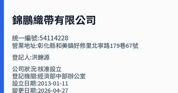 錦鵬織帶有限公司的照片-統編 54114228(彰化縣) 公司登記資料與營業項目詳細圖表