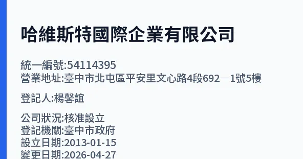 哈維斯特國際企業有限公司的照片-統編 54114395(臺中市) 公司登記資料與營業項目詳細圖表